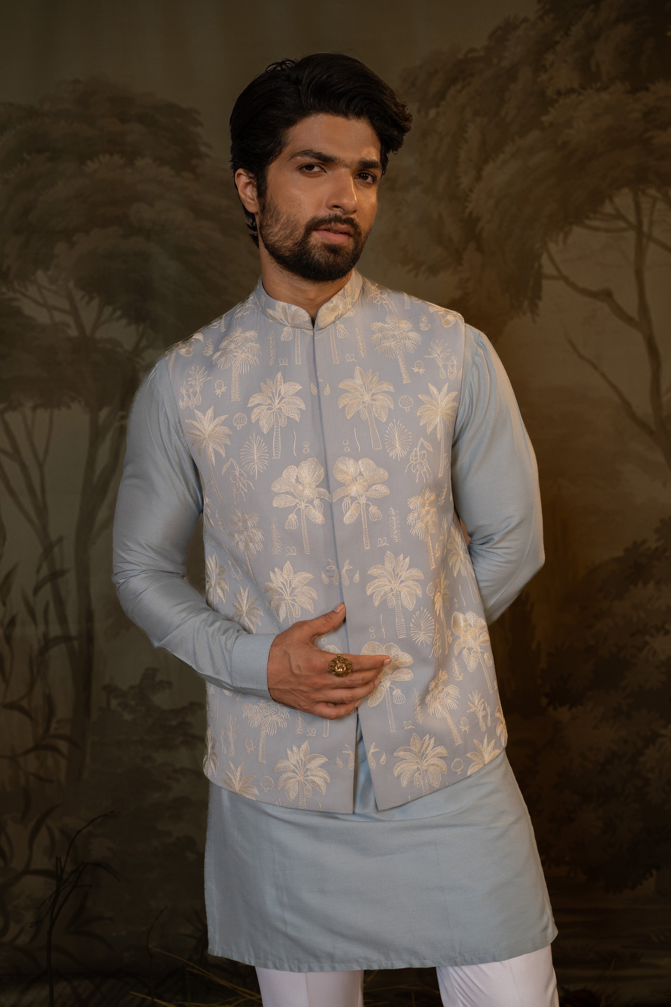 Powder Blue Embroidered Jacket with Short Kurta Set – Darshika Menswear